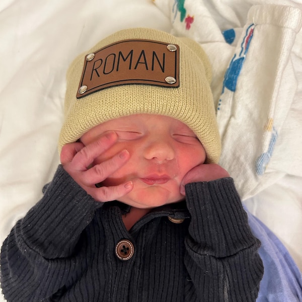 Personalized Baby Hat With Name, Custom Infant Beanie, Leather Patch ...