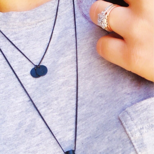 Triple Strand Black Chain Necklace With Black Disc, Stacked Necklace ...