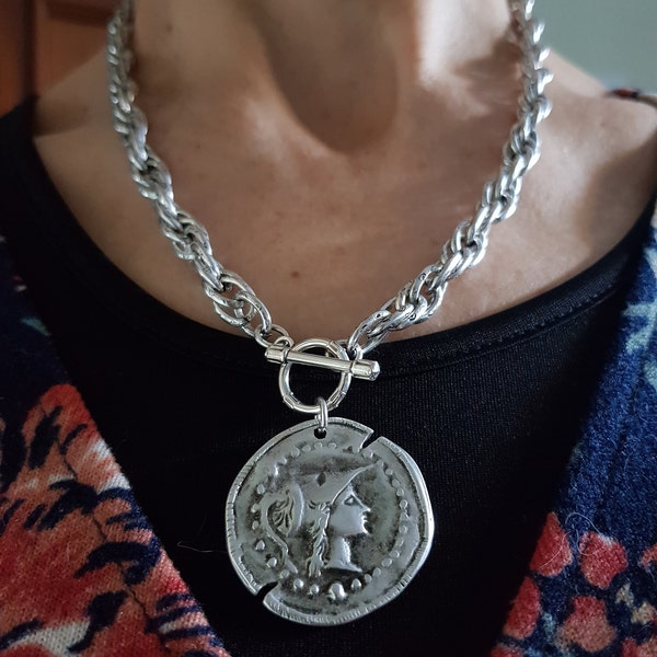Athena Goddess Coin Pendant Silver T-clasp Locket Necklace, Grecian ...