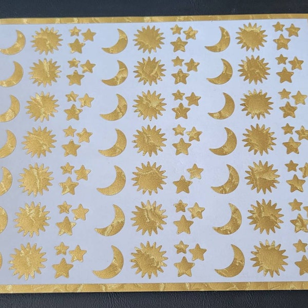 Sun Moon and Stars Sticker Sheet, Set of Small Metallic Gold Vinyl ...