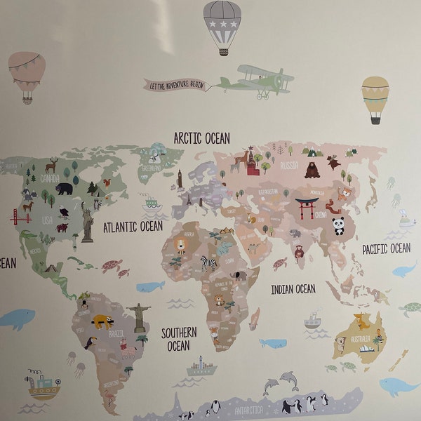 Country Names Colorful World Map Sticker, Animal World Map Decal, Peel ...