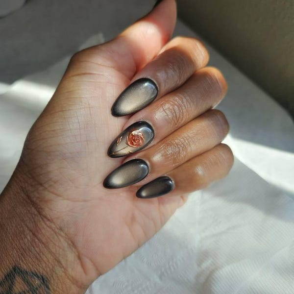 Gold Rose Embedded Press on Nails, Black Cat Eye Red Rose Gold Chrome ...