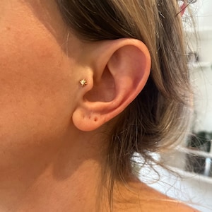 14k Solid Gold Sunburst Stud Earring Dainty Star Cartilage Stud Tiny Conch Stud Helix Stud ...