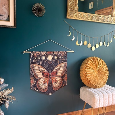 Retro Boho Cottagecore Wall Art, Mystical Sun Big Butterfly Pennant ...