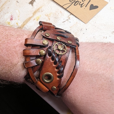 Wide Brown Steampunk Cuff Leather Bracelet, Wrap Alchemist Potion Bracer, Genuine Leather ...