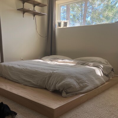 Handcrafted Wood Stepped Platform Bed Frame Modern White Oak Headboard ...