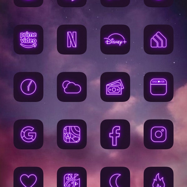 Purple Neon App Icons, Neon Aesthetic Ios 14 Icons, iPhone Icon Pack ...