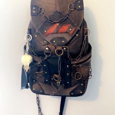 Brown Backpack Chains, Rivets, Studs, Ornamental, Hand-made Embossing ...