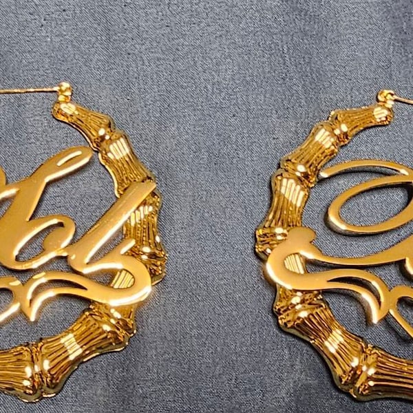 18k Gold Bamboo Hoop Earrings: Custom Name Monogram Jewelry ...