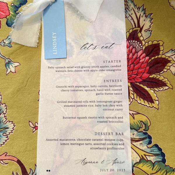 Custom Menu With Name Cards, Handmade Chiffon Ribbon, 4x9 Catering Menu ...