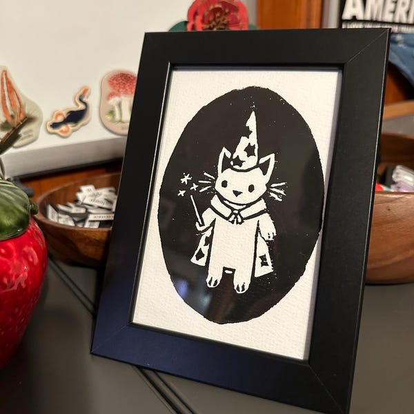 Magical Wizard Cat Linocut Block Print | 4 X 6 Mini Print | Printmaking ...