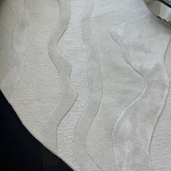 Ivory Beige Color Minimalist Modern Abstract Handmade Textured Woolen ...