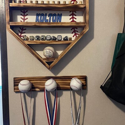 Rustic Baseball and Ring Display Holds 44 Rings/medals and 11 Baseballs ...