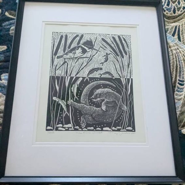 The River Ballet Linocut in Blue,otter Linocut,kingfisher Linocut ...