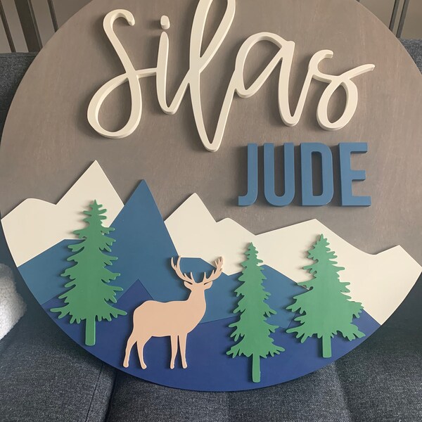 Mountain Scene Name Sign, Woodland Nursery Theme, Round 3D Nursery Name ...