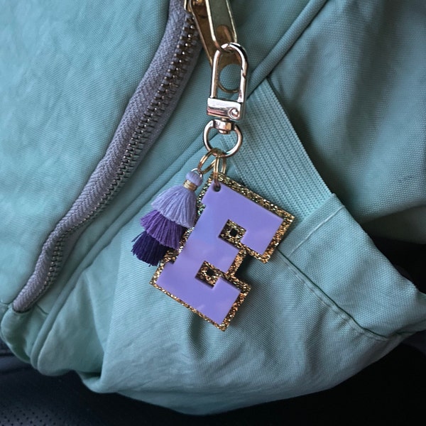 Varsity Letter Keychain With Mini Ombre Tassel | Initial Zipper Pull ...
