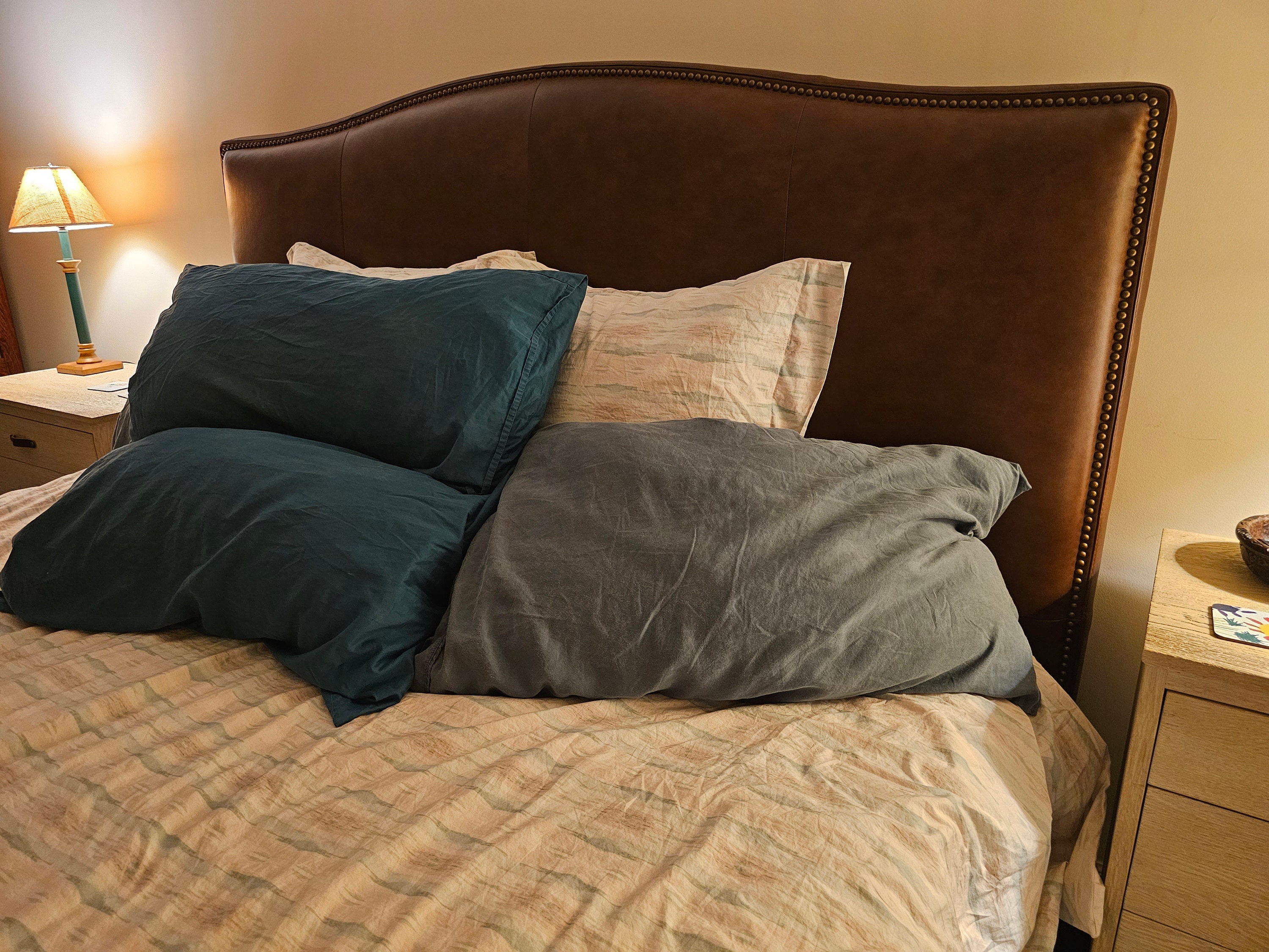 King Size Tobacco Brown Leather Headboard For Bed With Brass Nail Heads