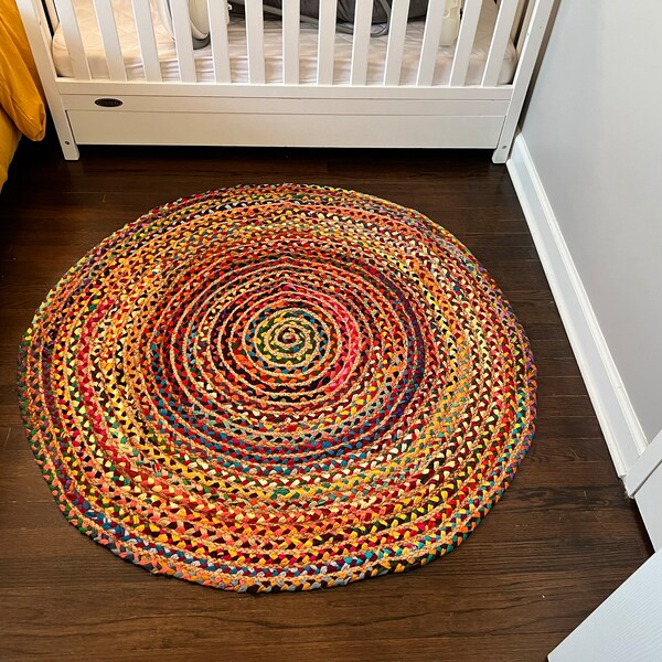 Indian Handmade Braided Jute Chindi Rug With Fringe Round Rug Home ...