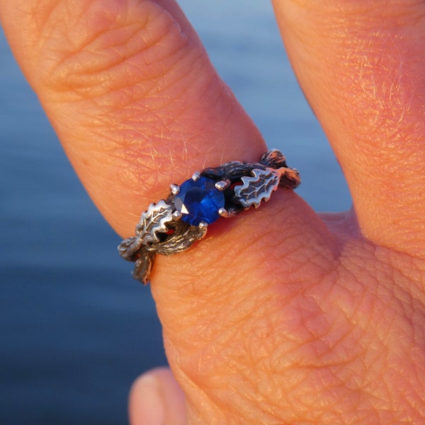 Braided Branch and Oak Leaves Topaz Engagement Ring, Silver Tree Bark ...