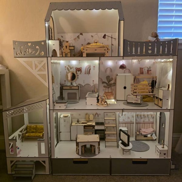 Adorable Big Gray Dollhouse With Terrace and Balcony - Doll House for ...
