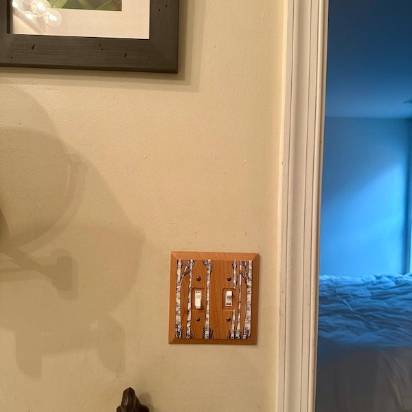 Wooden Triple Light Switch Cover With Wood Burned & Water Colored Birch ...