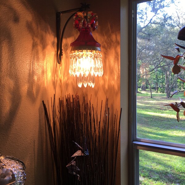 Vintage Ruby Red Lady Cupcake Glass Crystal Brass Swag Lamp Chandelier ...