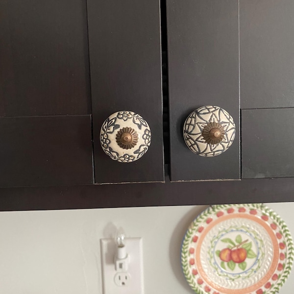 ARTISNO Green Floral Ceramic Cabinet Drawer Pull /knobs Hand Painted /use for Cupboard and ...