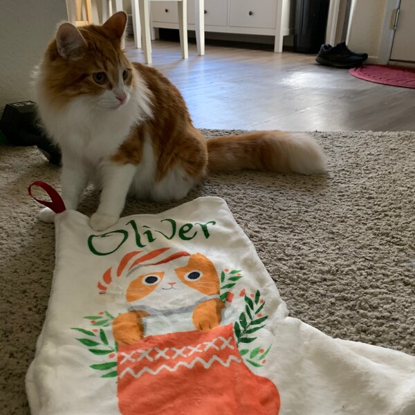 Personalized Cat Christmas Stocking, Jolly Orange Cat Wearing Stocking ...