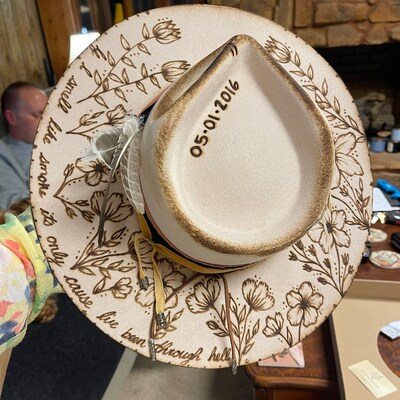 Becky: Triple Sunflowers. Made to Order Handcrafted Burned Wide Brim Hat. Burned Hat, Cowboy Hat ...