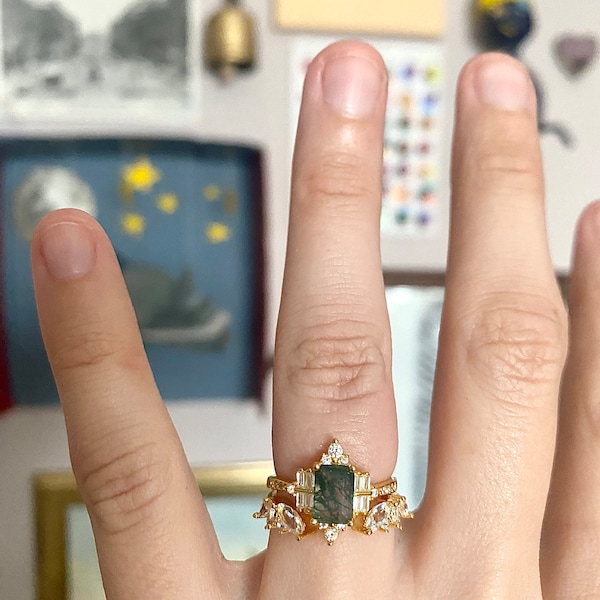 Sea Vintage Green Moss Agate Ring Set Sterling Silver Gold Natural ...