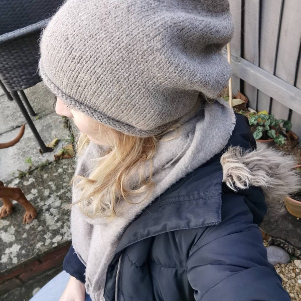 Women's Slouch Beanie Hat, 100% Alpaca, Light Grey, Hand Knitted ...