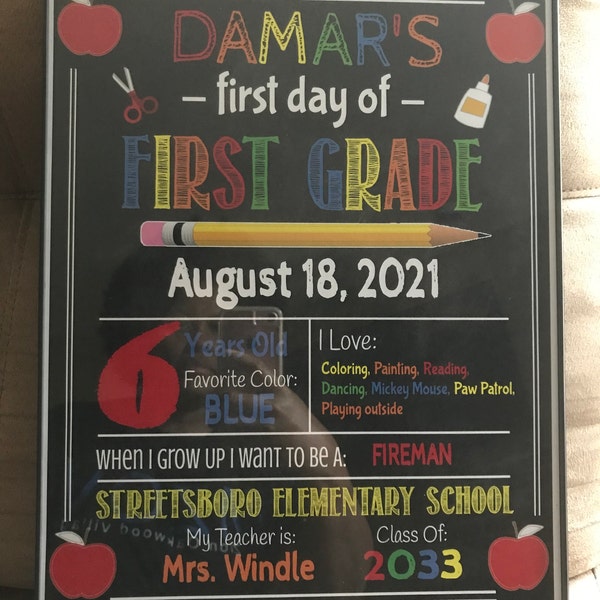 First Day of School Sign, Back to School Chalkboard Poster Personalized ...