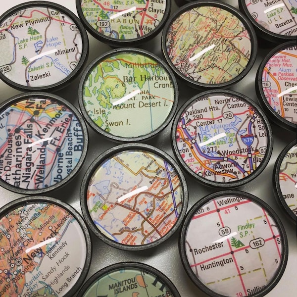 Custom MAP CABINET KNOB / Map Drawer Pull / Glass Domed Nickel, Bronze ...
