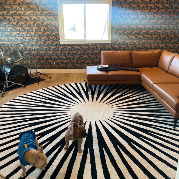 Hand-tufted Wool Sunburst Round Rug, Black Cream Geometric Statement ...