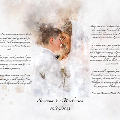 Watercolor Couple Portrait and Vows Framed Canvas Art, Custom Wedding ...
