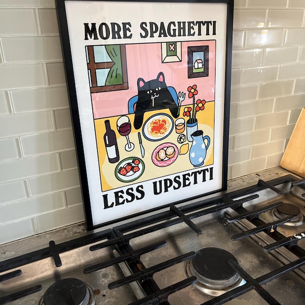 More Spaghetti Less Regretti Black Cat Print, Retro Diner Poster ...