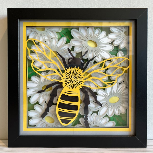 3d Bee and Daisies Shadow Box Svg, 3d Bee Shadow Box Svg, 3d Daisy Shadow Box Svg, 3d Svg, 3d ...