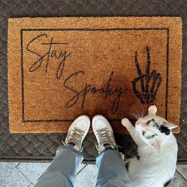 Stay Spooky Doormat, Skeleton Peace Sign, Halloween Doormat, Fall ...