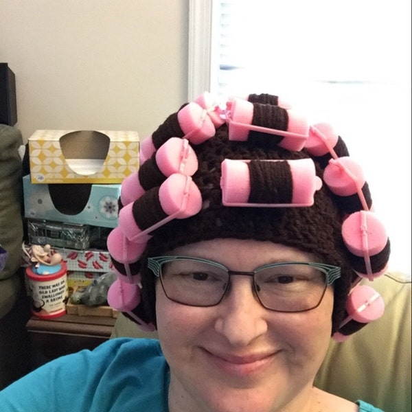 Fun Hat / Pink Hair Roller Hat, Crochet Roller Hat, Crochet Hat ...