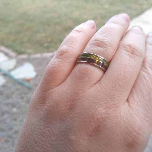 Titanium Wedding Band With Dark Oak, Titanium Ring With Hydrangea Green ...