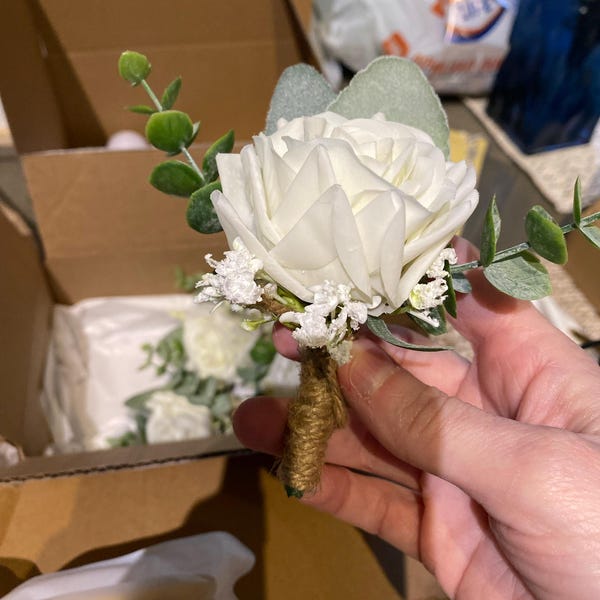 Boho Ivory Rose Boutonniere With Eucalyptu, Realistic Rose Wedding ...