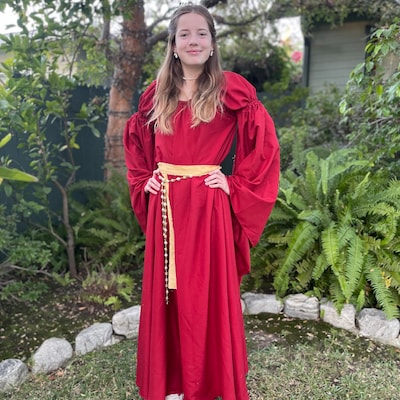 Long Maroon Red Renaissance Chemise Style Dress Puff Sleeve Shoulder ...