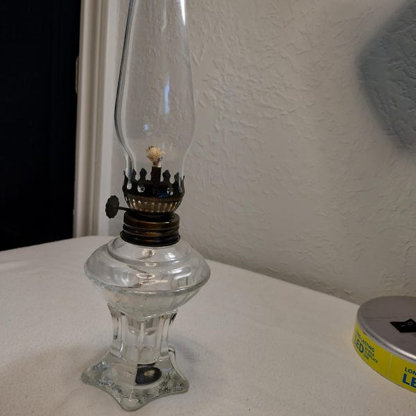 Reproduction of Clear Antique Pressed Glass Oil Lamp With Beaded ...