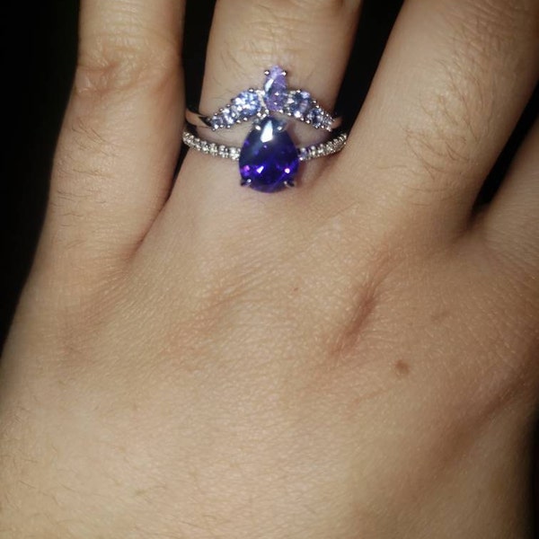 Teardrop Amethyst Ring Set- Sterling Silver Amethyst Engagement Ring ...