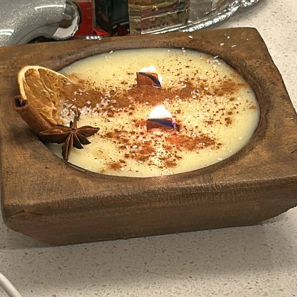 Spiced Orange and Cinnamon Chai Candle: 2 Wick Square Wooden Wick Dough Bowl - Etsy