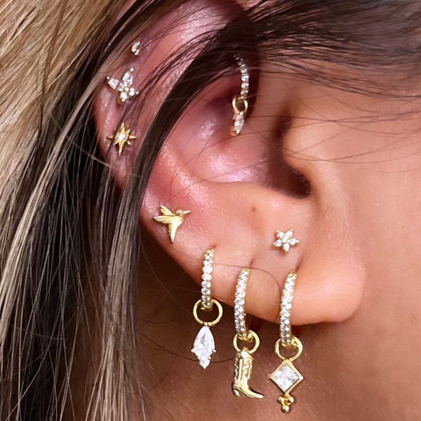 Dangle Hoop Earrings, Charm Hoops, Tiny Charm, Geometric Charm Hoops ...