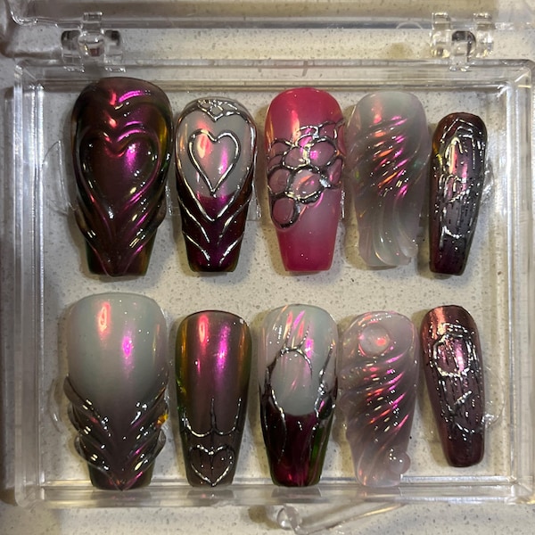 Handpainted Chrome Metallic Gothic Extra Long Stiletto Press on Nails ...