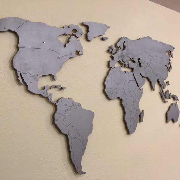 3D Wooden World Map XL With Engraved Country Borders, Floating on the ...