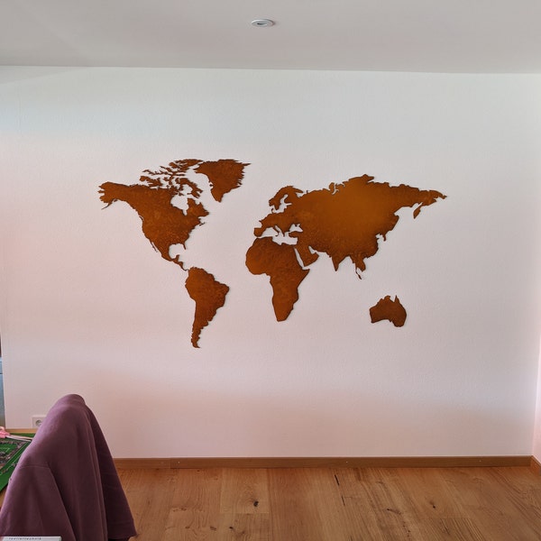 Large Metal World Map Very Detailed Magnetic Corten Wall Decor. Rusty ...