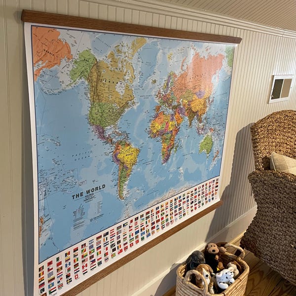 Huge Physical Natural Terrain World Map Poster - Wooden Hanging, 48 X ...